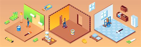 수리 하는 동안 노동자와 아파트의 고립 된 객실의 집합입니다 벽지 및 페인팅 창 장착을하고 집이나 집 개조에서 수리 수리 또는 내부 복원을위한 도구 작업 가정 생활에 대한