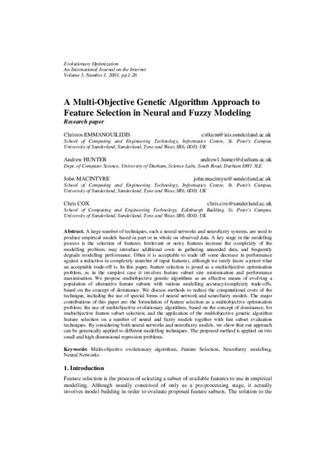 Pdf A Multi Objective Genetic Algorithm Approach To Feature Selection In Neural And Fuzzy Modeling