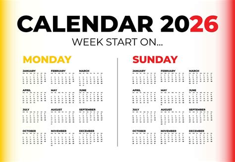 Vector Calendar For 2026 On A White Background Week Start On Monday