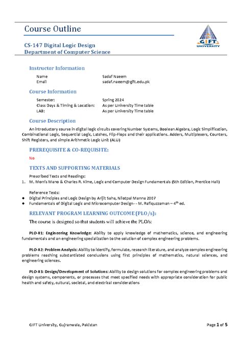Course Outline Okfrggfg Cs 147 Digital Logic Design Department Of