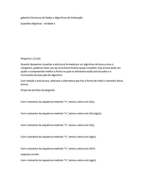Gabarito Estruturas De Dados E Algoritmos De Ordenação Questões Objetivas Unidade 3 Pdf