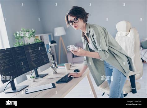 Portrait Of Attractive Skilled Focused Intelligent Girl Hacker Tech