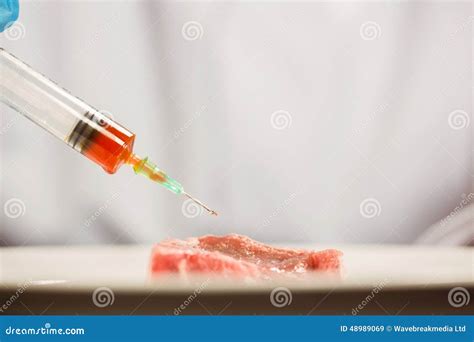 Food Scientist Injecting Raw Meat Stock Image Image Of College Higher