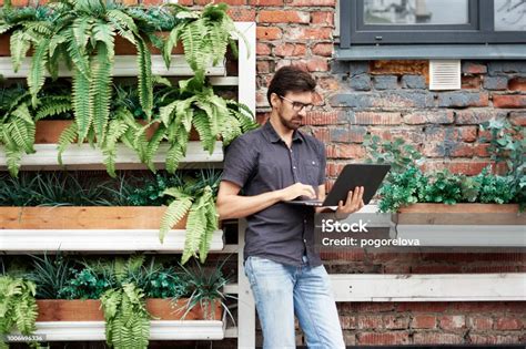 현대 노트북을 사용 하 여 밖에 서 일 하는 젊은 기업가 벽돌 벽 식물 에코 사무실 근처 서 성공적인 비즈니스 사람입니다 공원에