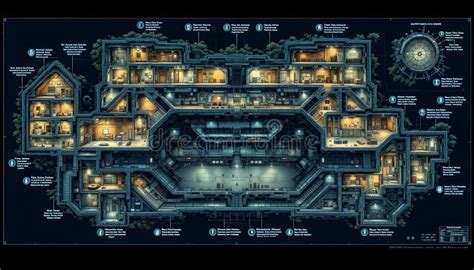 Detailed Underground Bunker Complex Blueprint Illustration Stock