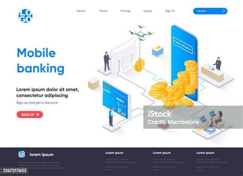 모바일 뱅킹 등대 방문 페이지 금융 관리 온라인 결제 및 회계 Isometry 웹 페이지를 위한 모바일 응용 프로그램 웹사이트 플랫 템플릿 벡터 일러스트레이션 개념에 대한