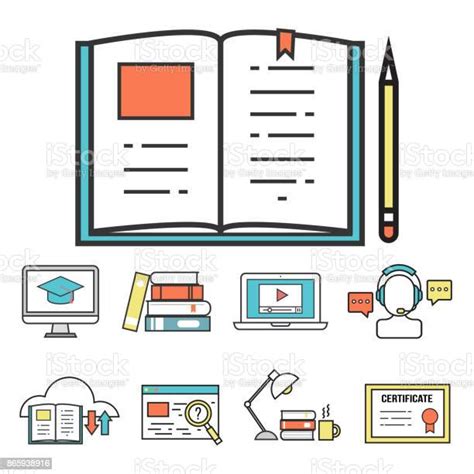 평면 디자인 아이콘 온라인 교육 직원 교육 서 점 먼 지식 학습 벡터 일러스트 레이 션 개념에 대한 스톡 벡터 아트 및 기타