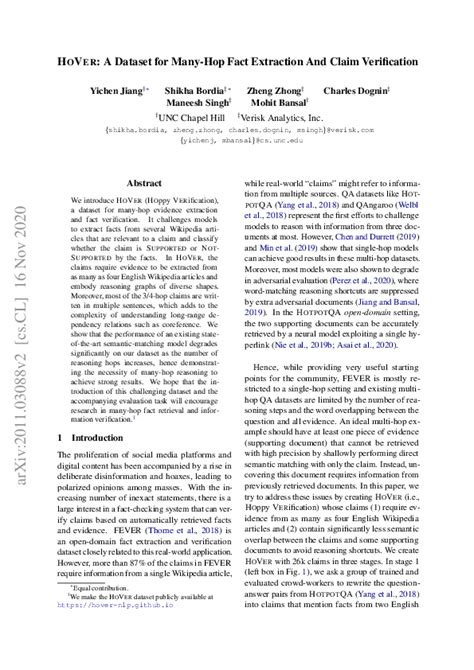 Pdf Hover A Dataset For Many Hop Fact Extraction And Claim Verification