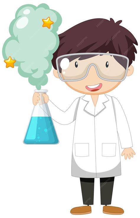 실험을 수행하는 귀여운 남성 과학자 만화 캐릭터 무료 벡터