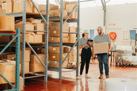 창고 관리자 디지털 태블릿 물류 및 운송 상자 배달 노동자 도매 공장 유통 창고 및 산업 온라인 재고 택배 패키지 및 수출