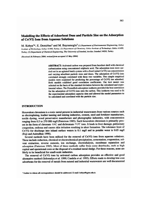 Pdf Modelling The Effects Of Adsorbent Dose And Particle Size On The