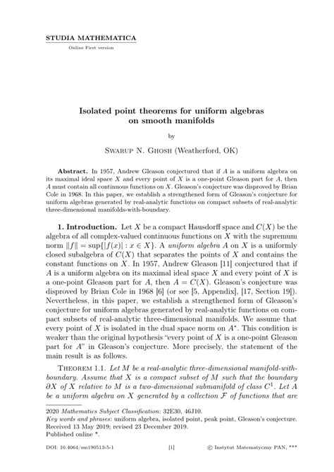 Pdf Isolated Point Theorems For Uniform Algebras On Smooth Manifolds