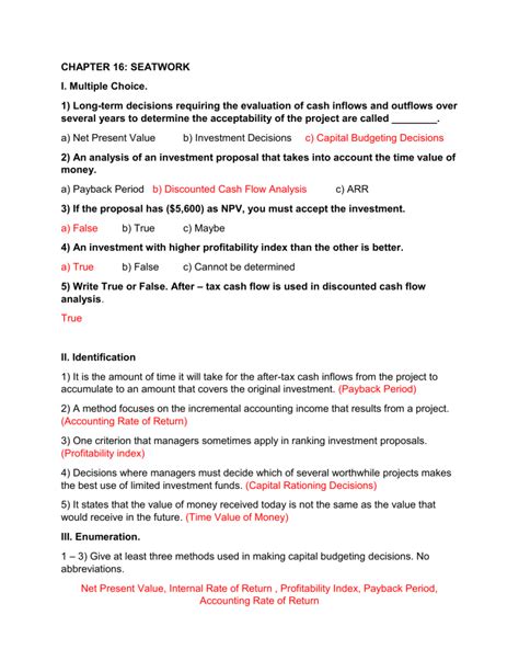 Capital Budgeting Seatwork Investment Decisions