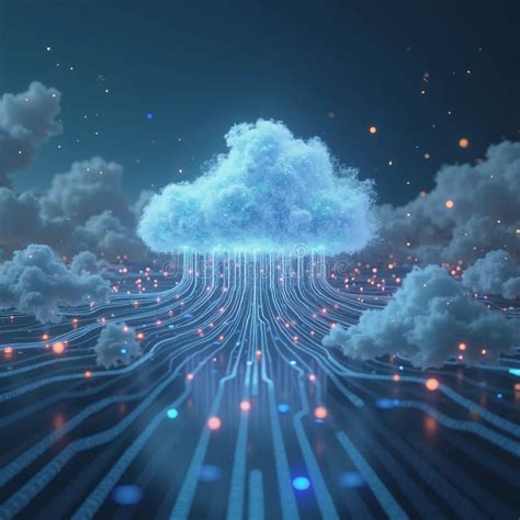 Digital Cloud Floating With Streams Of Data Flowing In Virtual Space Stock Illustration