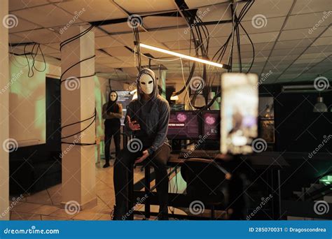 Hacker With Mask Breaking Into Computer System Stock Image Image Of