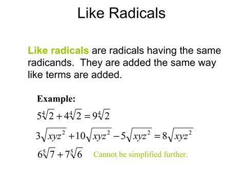 Simplifying Radical Expressions Rational Exponents Radical Equations PPT