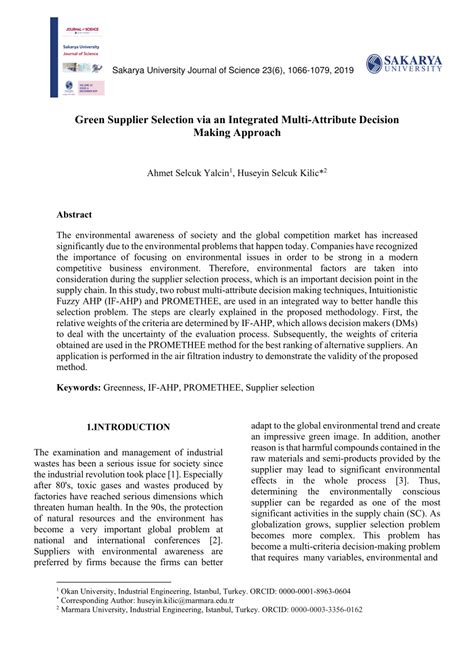Pdf Green Supplier Selection Via An Integrated Multi Attribute Decision Making Approach