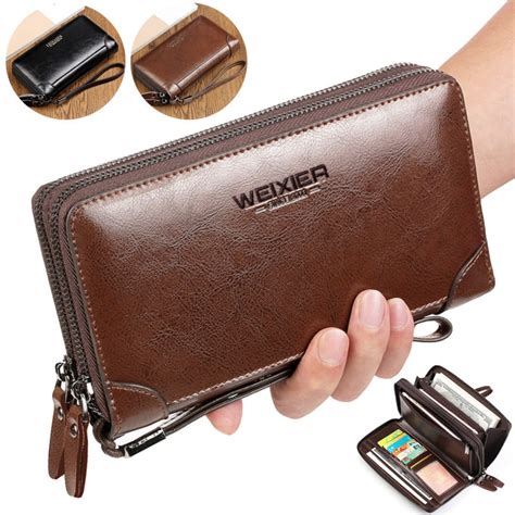 Mens Clutch Bag Leather Double Zip Large Capacity Long Wallet Hand