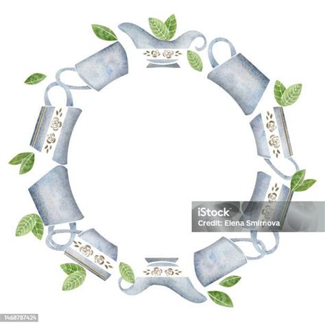 수채화 손으로 그린 원형 프레임 화환에는 도자기와 금 커피 컵 나뭇잎 크리머가 있습니다 흰색 배경에 격리 초대장 카페 레스토랑 음식 메뉴 인쇄 웹 사이트 카드 Robusta