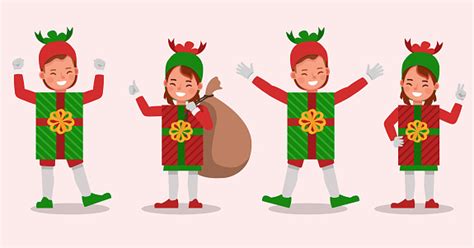 크리스마스 선물 상자 의상을 입은 키즈 보이와 소녀 세트 캐릭터 벡터 디자인 감정과 다양한 행동의 프리젠 테이션 12월에 대한