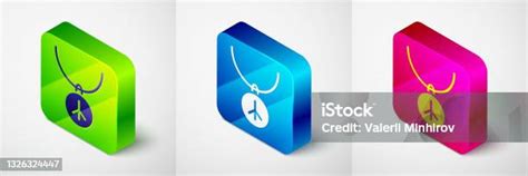 회색 배경에 고립 된 평화 기호 아이콘이있는 등색 목걸이 평화의 히피 상징 정사각형 버튼입니다 벡터 3차원 형태에 대한 스톡 벡터 아트 및 기타 이미지 Istock