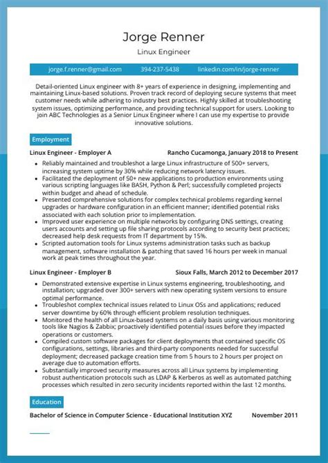 Linux Engineer Resume CV Example And Writing Guide