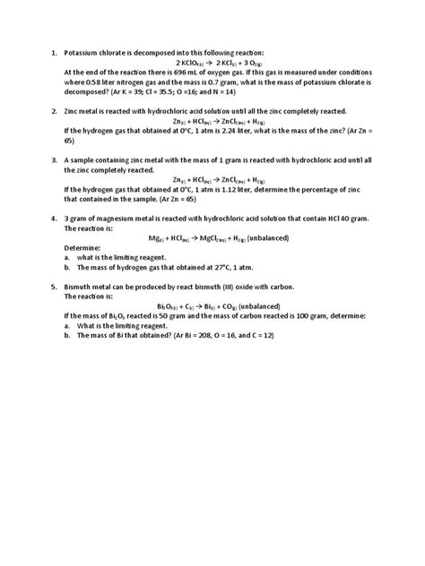 Chemical Calculation Exercise Pdf