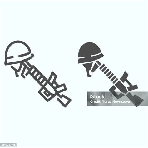 헬멧 라인과 글리프 아이콘돌격 소총 기관총과 헬멧 벡터 그림 흰색에 격리 기념 상징 개요 스타일 디자인 웹 및 응용 프로그램을 위해 설계 Eps 10 로고에 대한 스톡 벡터