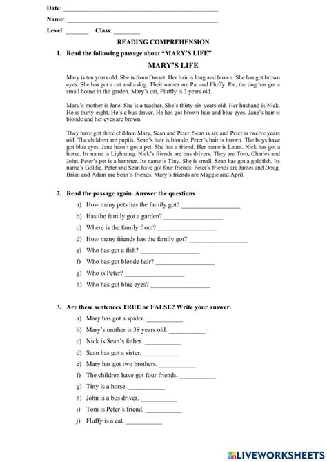 Reading Comprehension Marys Life Worksheet Reading Comprehension