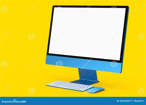 Realistic Blue Computer Screen Display With Keyboard And Mouse On Yellow Stock Illustration
