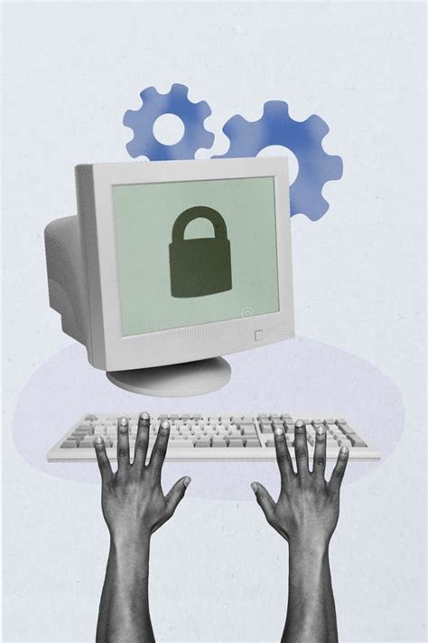 Vertical Photo Collage Of Hands Show Palms Old Fashioned Pc Monitor Keypad Lock Blocked Private
