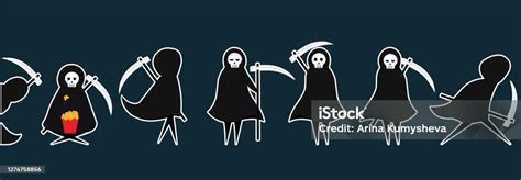 할로윈을위한 낫과 죽음의 스티커세트 가면을 쓰러질 수 있는 의상 고립 된 배경에 귀여운 플랫 벡터 일러스트레이션 10에 대한