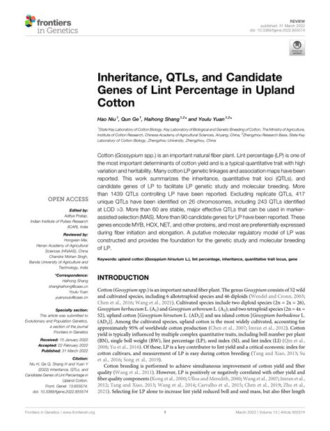 Pdf Inheritance Qtls And Candidate Genes Of Lint Percentage In Upland Cotton