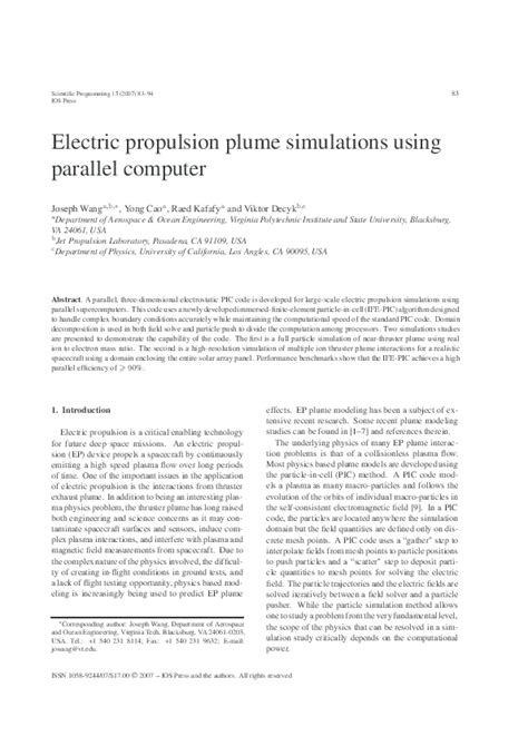 Pdf Electric Propulsion Plume Simulations Using Parallel Computer