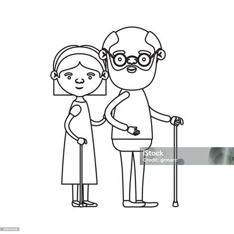 바로 짧은 머리 드레스와 수염 할아버지와 할머니의 지팡이에서 실루엣 전신 몇 노인 스케치 2명에 대한 스톡 벡터 아트 및 기타 이미지 2명 남자 드레스 Istock