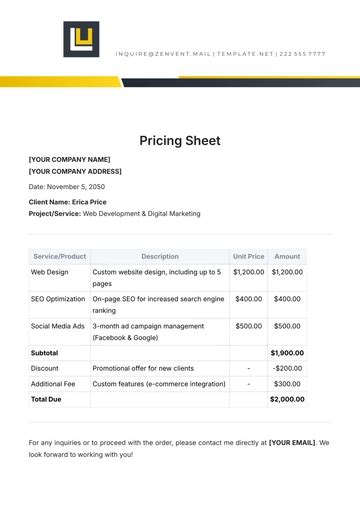 Free Pricing Sheet Template To Edit Online