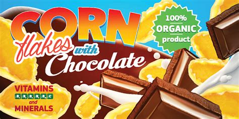 큰 우유 스플래시와 다진된 초콜릿 광고 일러스트와 함께 현실적인 콘 플레이크 광고 전단지 포스터 또는 라벨 디자인을 위한 고품질