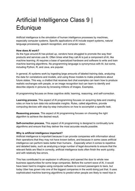 Ppt Artificial Intelligence Class 9 Edunique Powerpoint