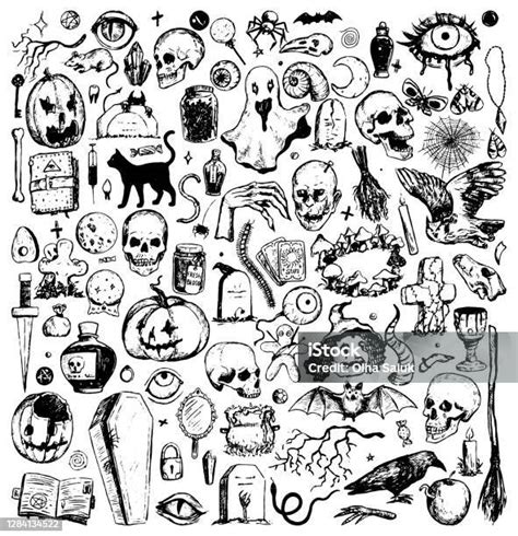 큰 할로윈 낙서 컬렉션 손으로 그린 벡터 일러스트레이션 세트입니다 흰색으로 격리된 간단한 등고선 도면입니다 빈티지 스케치 스타일 무서운 마법 비열한 귀여운 휴일 디자인에