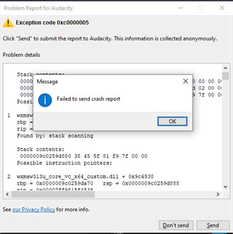 Audacity Started Acting Weird And Crashed When Closed With Exception Code 0xc0000005 Windows