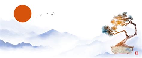 분재 소나무와 부드러운 슬로프가있는 안개낀 산 전통적인 동양 잉크 페인팅 스미e U죄 고화 상형 문자 행복 0명에 대한 스톡