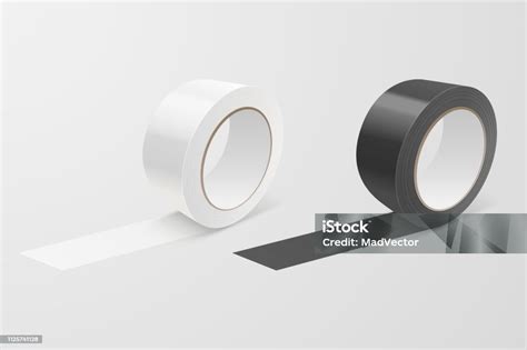 현실적인 흰색과 검정색 벡터 3d 광택 테이프 롤 아이콘 집합 또는 흰색 배경에 고립 된 모형 근접 촬영 이랑 스티커 테이프 롤