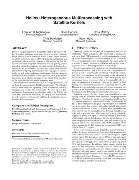 Pdf Helios Heterogeneous Multiprocessing With Satellite Kernels