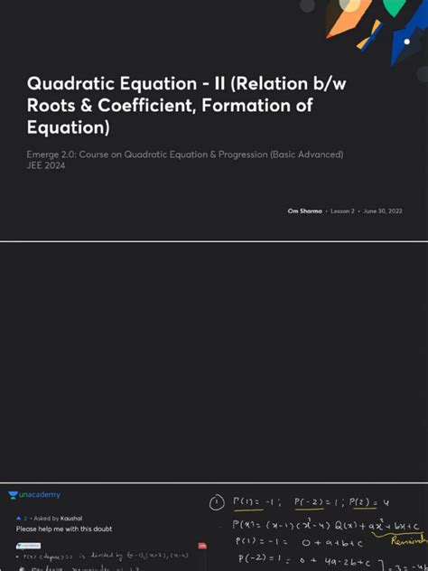 Quadratic Equation Ii Relation Bw Roots Coefficient Formation Of Equation With Anno Pdf