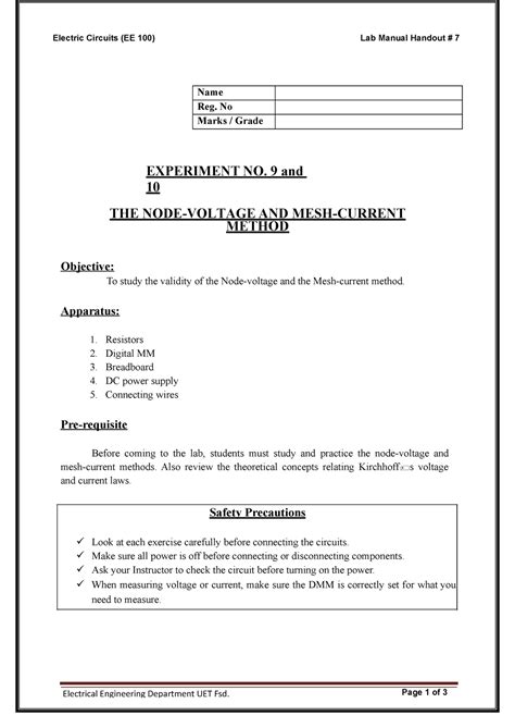Lab And The Node Voltage And Mesh Current Method Electrical Engineering Department UET