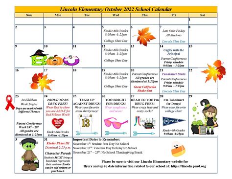 October Calendar Lincoln Elementary School