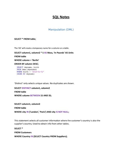 Basic And Intermediate Sql Notes Sql Notes Manipulation Dml Select