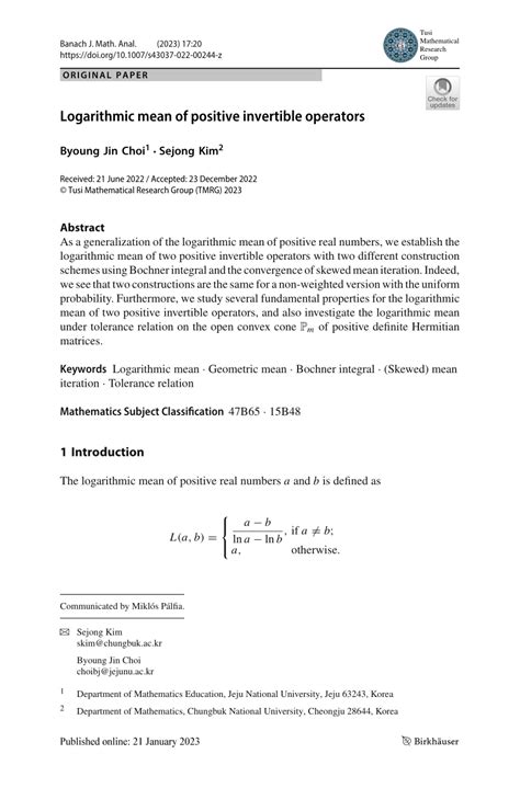 Pdf Logarithmic Mean Of Positive Invertible Operators