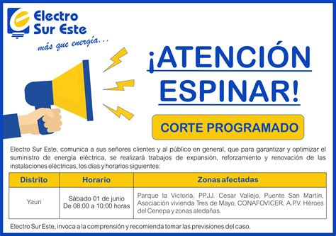 Comunicado Corte Programado DÍa SÁbado 01 De Junio Yauri Espinar Electro Sur Este