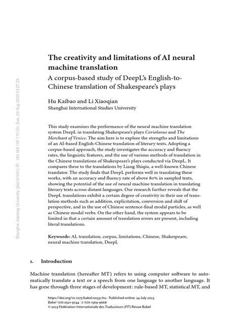 The Creativity And Limitations Of Ai Neural Translation Pdf Translations Analysis